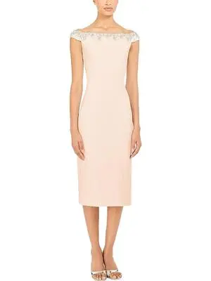 Jenny Packham Valorie Beaded Off-shoulder Midi Dress - Morganite
