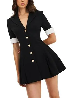 MISS CIRCLE Woven Crepe Pleated Mini Blazer Dress - Black