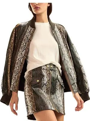 Cynthia Rowley Snake Embossed Leather Bomber Jacket - Multi