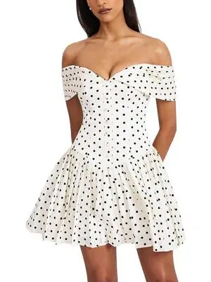 MISS CIRCLE Edeline Polka Dot Off-shoulder Mini Dress - White Polka Dot
