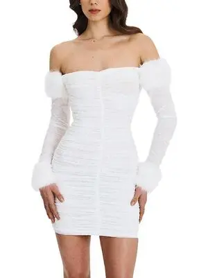 MISS CIRCLE Lani Lace Off-shoulder Ruched Mini Dress - White