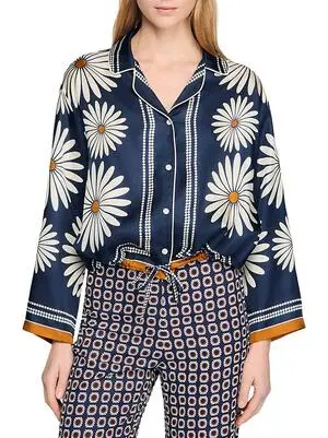 Sandro Floral Print Silk Shirt - Deep Blue