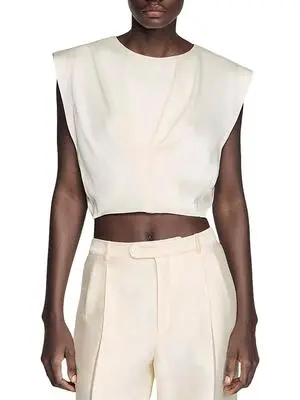 Sandro Pleated Satin Crop Top - Ecru