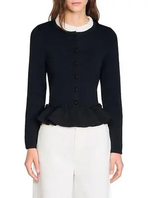Sandro Removable Collar Peplum Cardigan - Black