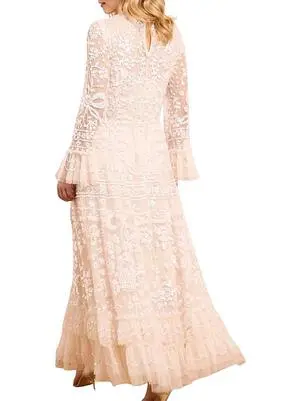NEEDLE & THREAD Celia Long Sleeve Ankle Gown - Cream/dusk Pink