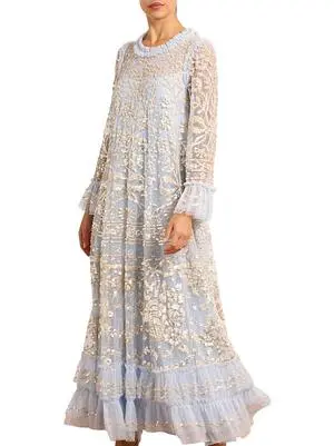 NEEDLE & THREAD Celia Long Sleeve Ankle Gown - Dusk Blue/gold
