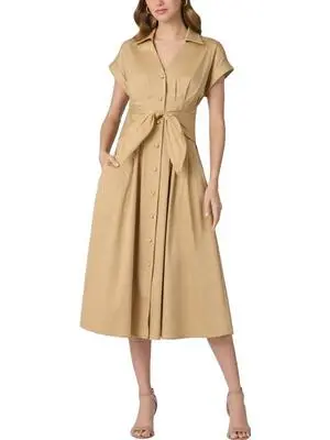Shoshanna Josephine Porto Cotton Poplin Midi Shirtdress - Khaki