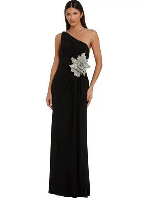 Mac Duggal One-shoulder Jersey Gown With Rhinestone Flower - Black