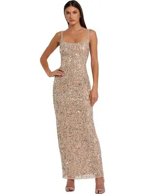Mac Duggal Embellished Square Neck Column Gown - Neutral