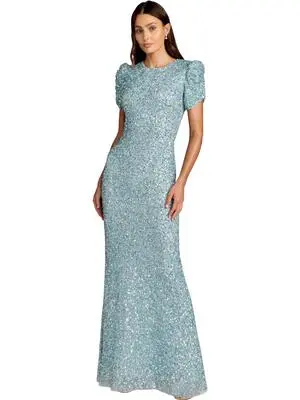 Mac Duggal Sequin Embellished Trumpet Gown With Puff Sleeves Blue