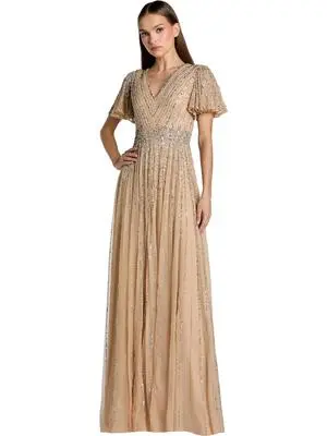 Mac Duggal Embellished Flutter Sleeve Gown - Nude Silver