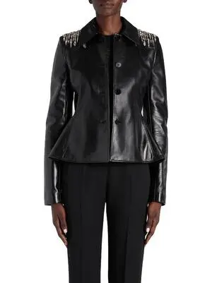 Alexander McQueen Crystal-embroidered Leather Peplum Jacket - Black