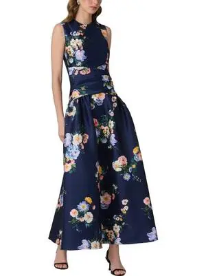 Shoshanna Floral Mikado Ankle Length Dress - Navy Multi
