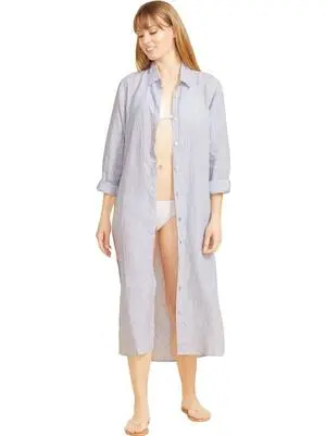 SITANO Lido Midi Linen Shirt Dress - Light Blue Stripes