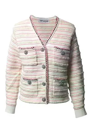 SELF-PORTRAIT Striped Rhinestone Cardigan - Pink