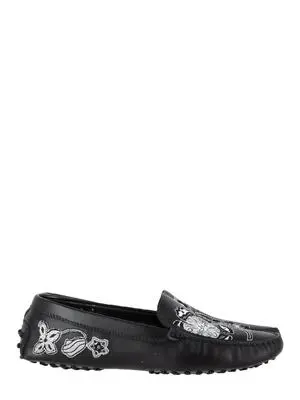 TOD'S Flower-embroidered Leather Loafers - Black