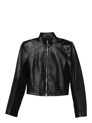 Patrizia Pepe Knitted Inserts Leather Biker Jacket - Black