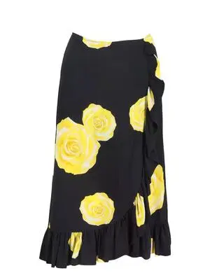 GANNI Floral-print Ruffled-hem Midi Skirt - Black