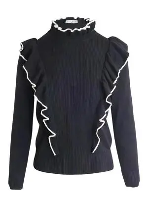 Sandro Ruffle-trim Ribbed Knit Sweater - Black