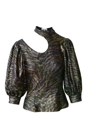 GANNI Tiger Print Puff Sleeve Blouse - Black