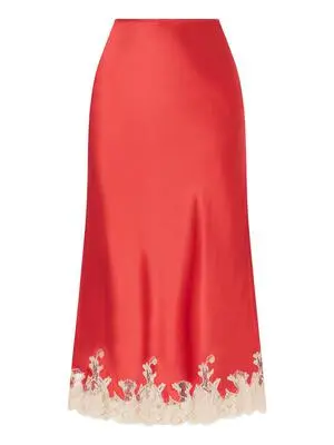 Kiki De Montparnasse Orchid Lace-trimmed Silk-satin Midi Skirt - Red