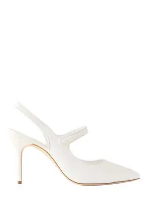 Manolo Blahnik Camparisli 90 Leather-trimmed Raffia Mary Jane Slingback Pumps - White