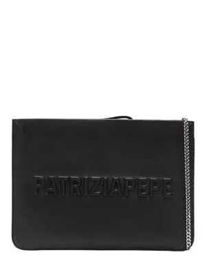 Patrizia Pepe Embossed Leather Clutch With Chain-link Trim - Black