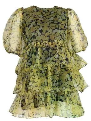 GANNI Ruffled Tiered Floral-print Mini Dress - Yellow