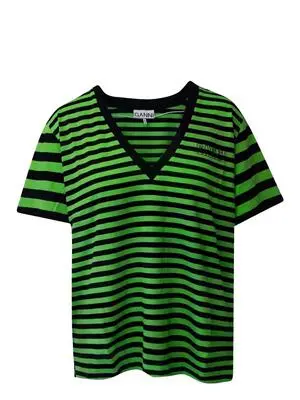 GANNI Striped V-neck T-shirt - Green