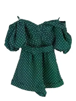 SELF-PORTRAIT Polka Dot One-shoulder Belted Blouse - Green