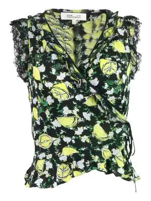 Diane Von Furstenberg Lemon-print Wrap Blouse - Black