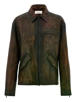 FERRAGAMO Flap Pocket Zip Leather Jacket - Brown