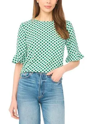 CECE DUPRAZ Fan Print Ruffle Cuff Top - Holly Green