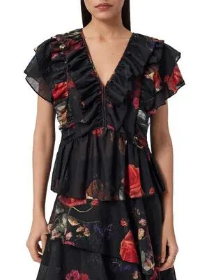 ALLSAINTS Floral Print Ruffle Top - Haze Black