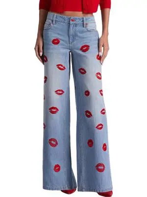 Alice + Olivia Amazing Kiss Print Wide Leg Jeans - Denver Bright Blue