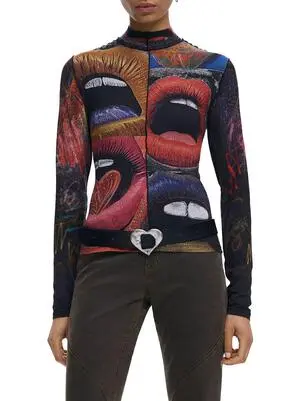 Desigual Lip Print Long-sleeve Top - Black