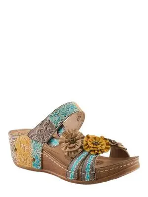 SPRING STEP SHOES Floral Appliqué Wedge Sandals - Grey Multi