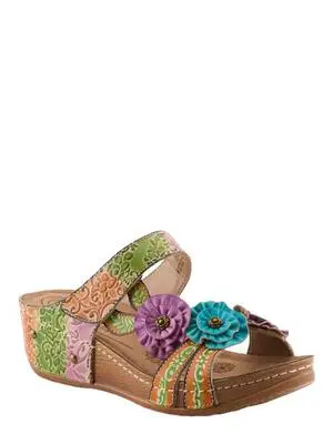SPRING STEP SHOES Floral Appliqué Wedge Sandals - Mango Multi