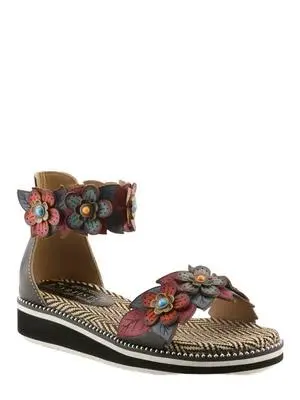 SPRING STEP SHOES Floral Appliqué Platform Sandals - Black Multi