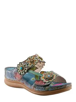 SPRING STEP SHOES Floral Wedge Sandals - Blue Multi