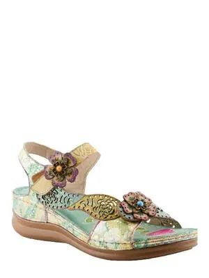 SPRING STEP SHOES Floral Leather Sandal Mint Green Multi