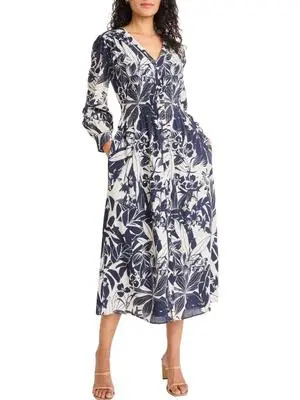 Maggy London Long Sleeve Button-up Midi Dress - Navy/ivory