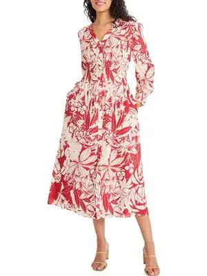 Maggy London Long Sleeve Button-up Midi Dress - Red/ivory