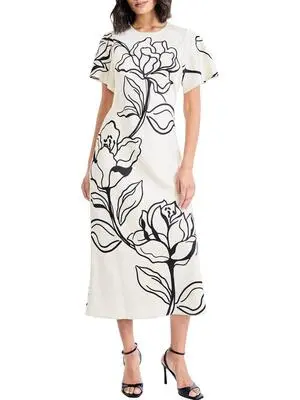 Maggy London Floral Short Sleeve Midi Dress - Cream/black