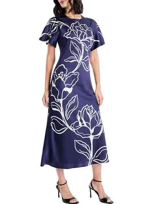 Maggy London Floral Short Sleeve Midi Dress - Navy/ivory