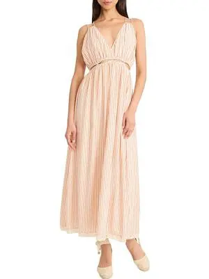 THE GOOD JOURNEY Cutout Stripe Midi Dress - Caramel/white