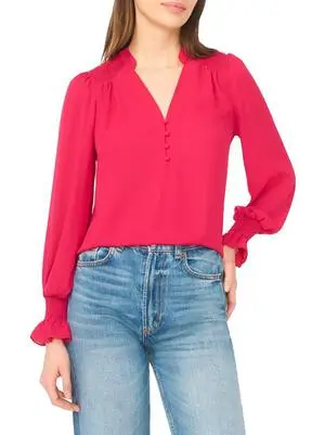 CECE DUPRAZ CeCe Half Placket Smocked Accent Top Rose Cerise