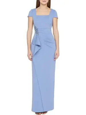 Js Collections Matilda Bead Detail Cascade Ruffle Gown - Manor Blue