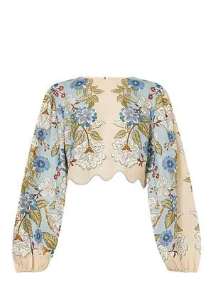 Farm Rio Garden-print Cropped Linen Blouse - Garden Scarf Blue