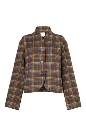 REFORMATION Owen Collarless Woven Jacket - Brown Plaid